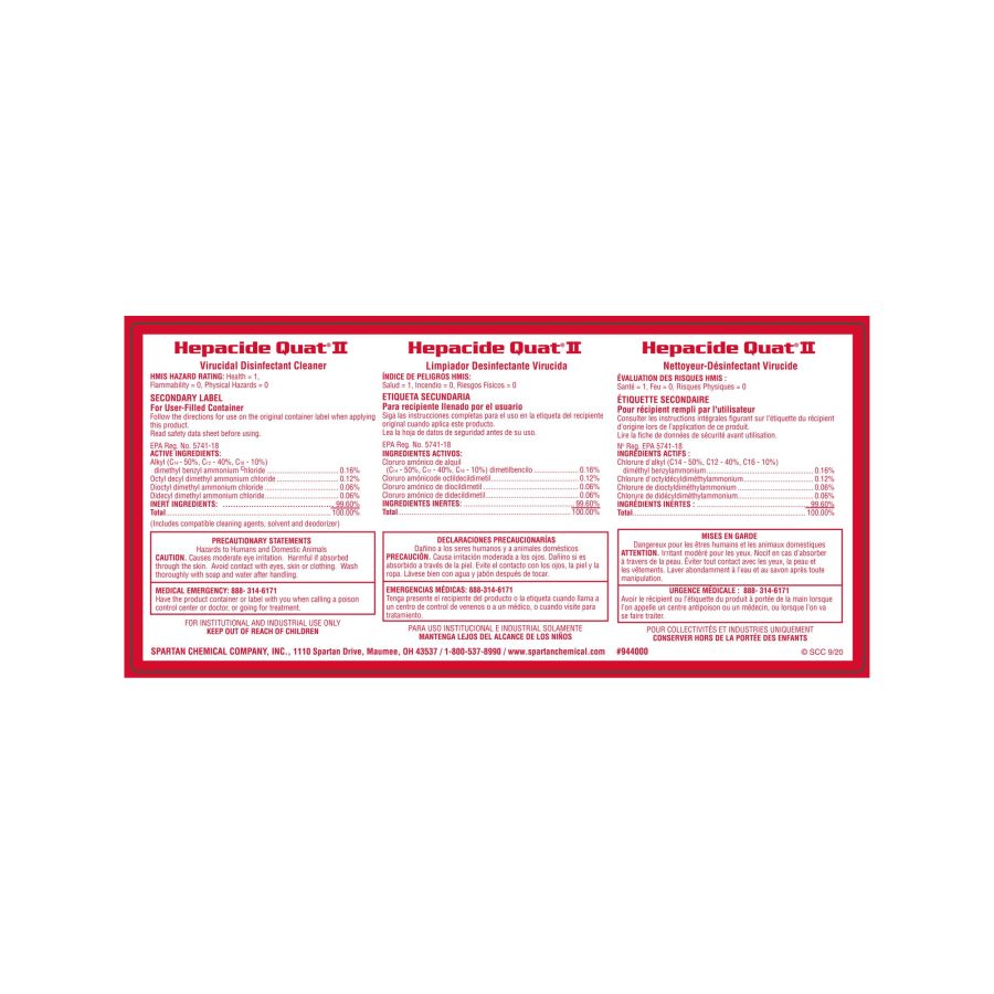 Spartan Label for Hepacide Quat II Disinfectant, 4" x 8" - 9440-00